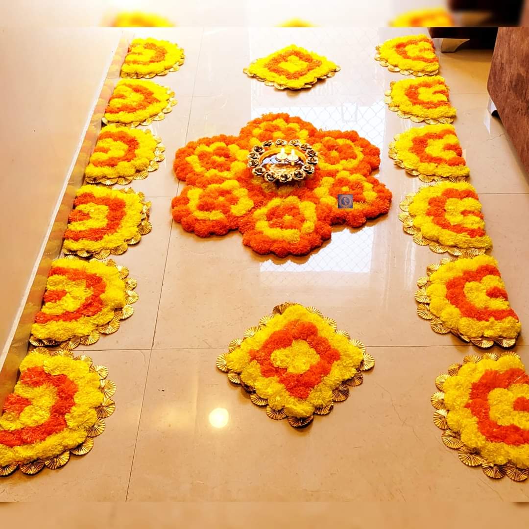 Beautiful Readymade Marigold Floral Rangoli Platter Set in Orange Yell ...